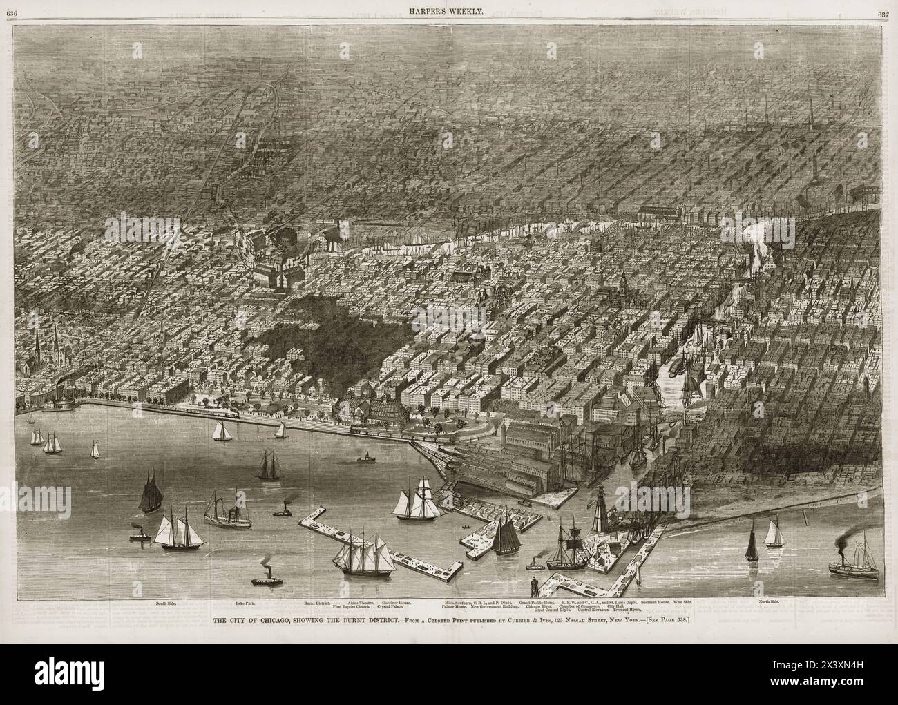 The City of Chicago, showing the burnt district, 1874 - Aerial view of ...