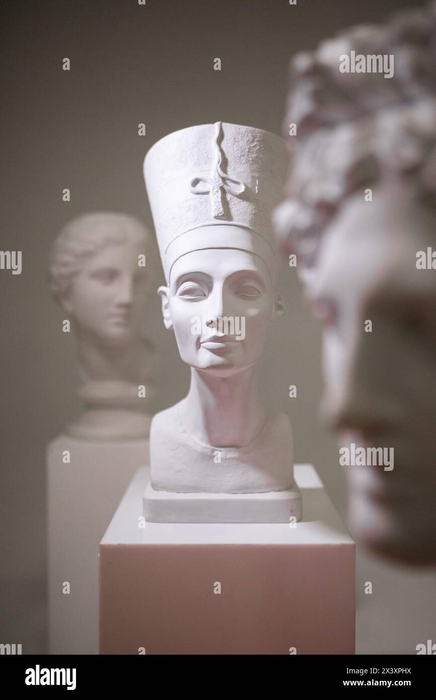 A white sculpture bust of Queen Nefertiti on a white background ...