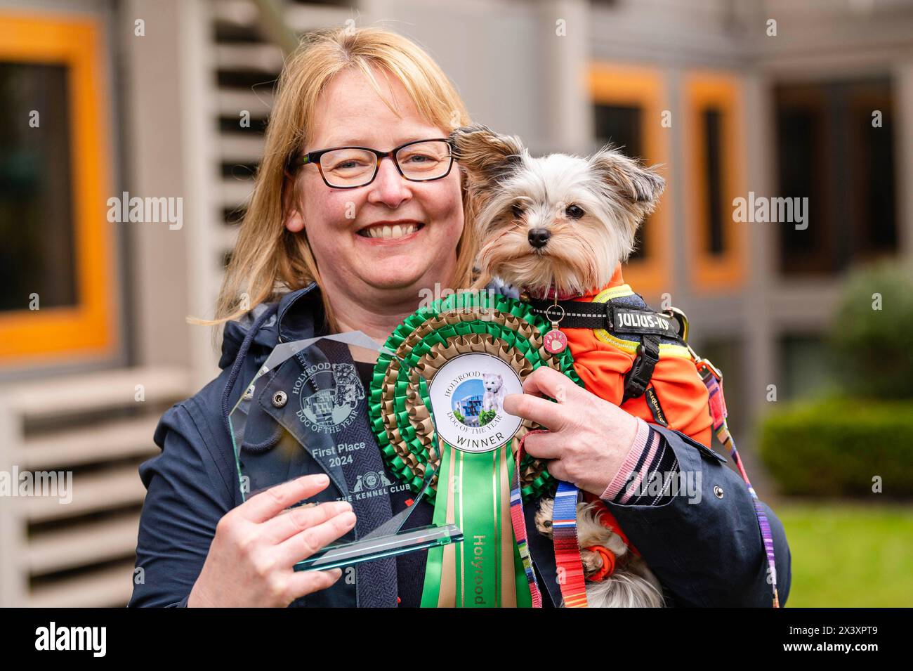 EDITORIAL USE ONLY Biewer Terrier, Heidi, with Marie McNair MSP is ...