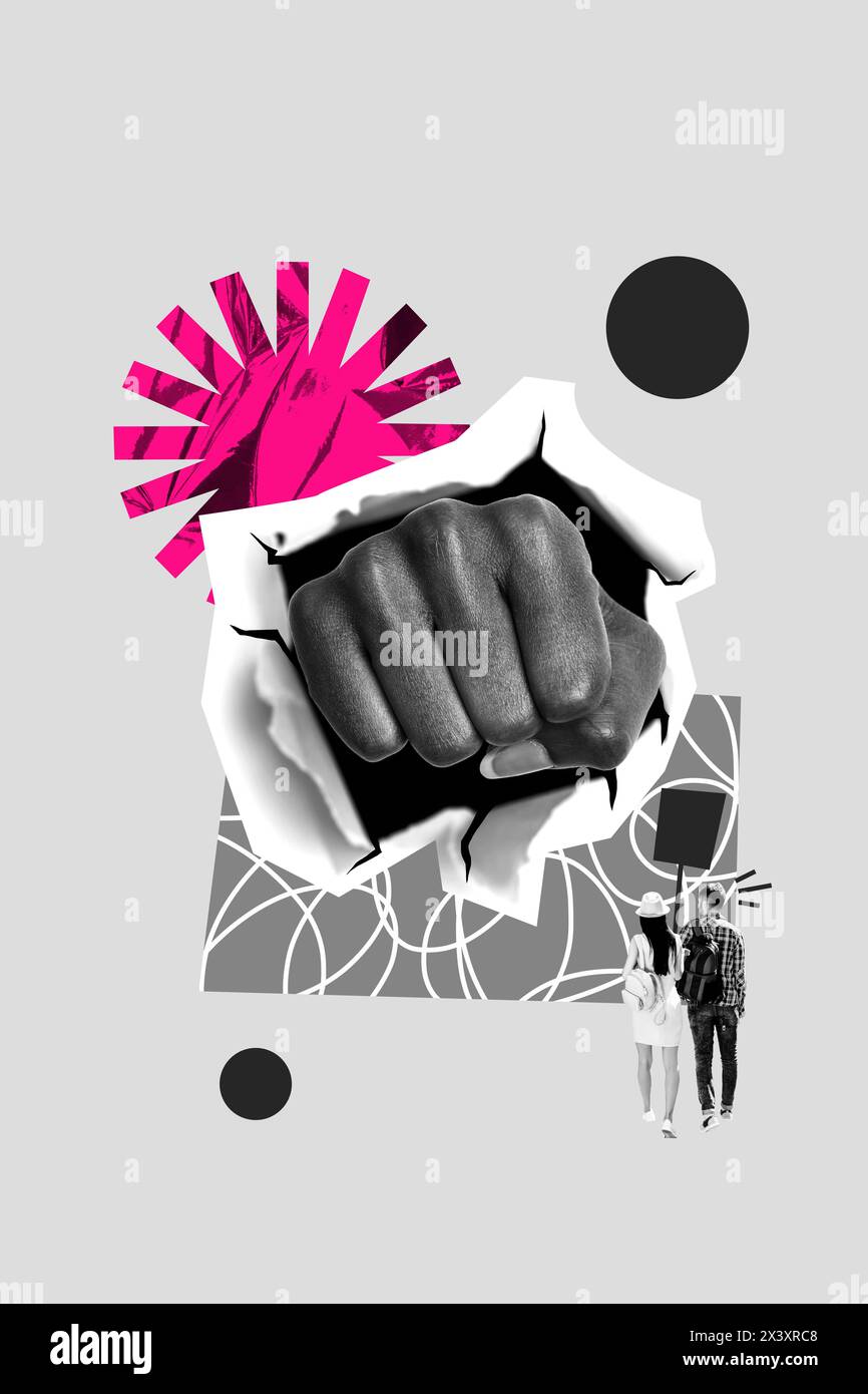 Vertical photo collage picture human hand fist strike punch break wall ...