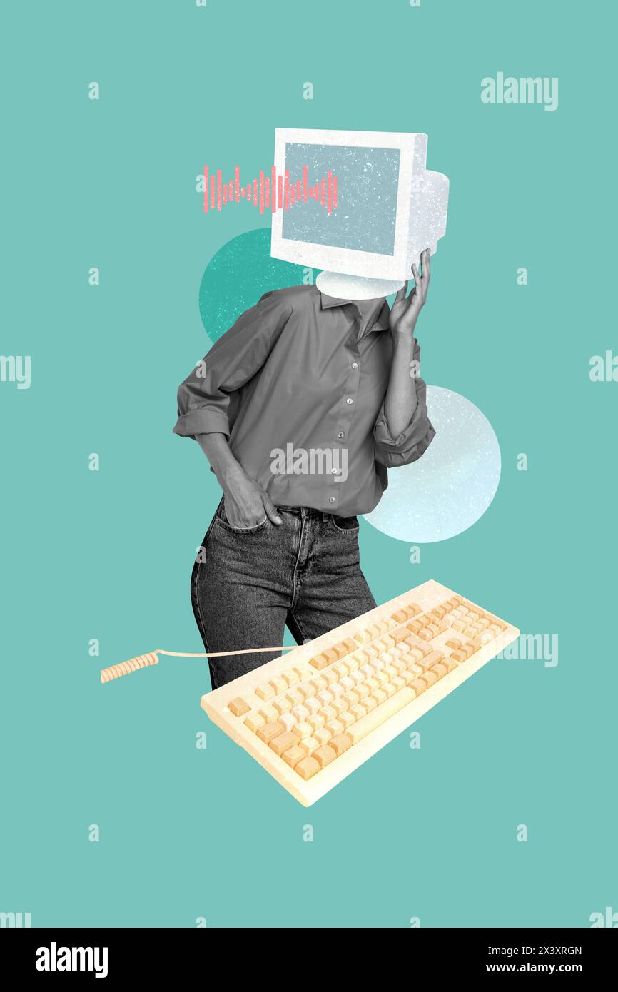 Vertical collage picture headless woman office worker employee computer ...