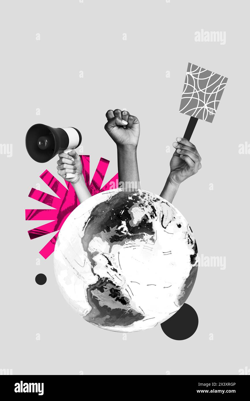 Vertical collage picture human hands protest earth planet demonstration ...