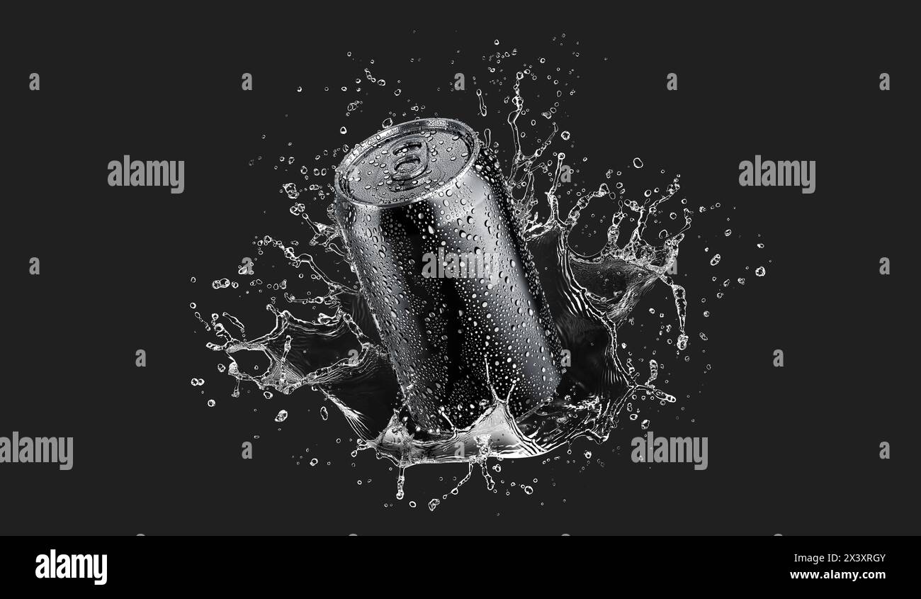 Blank black aluminum 330 ml soda can with drops splash mockup, 3d ...