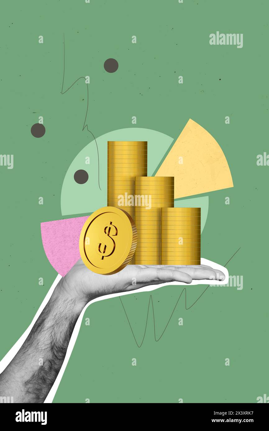 Vertical creative collage human hand hold golden money stack succesful ...