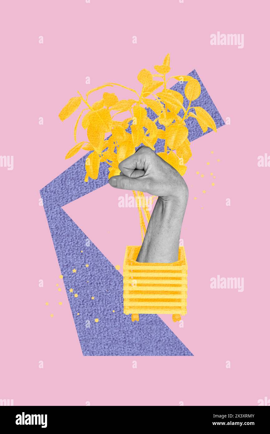 Vertical photo collage of hand peek gold flower attack care plant eco ...