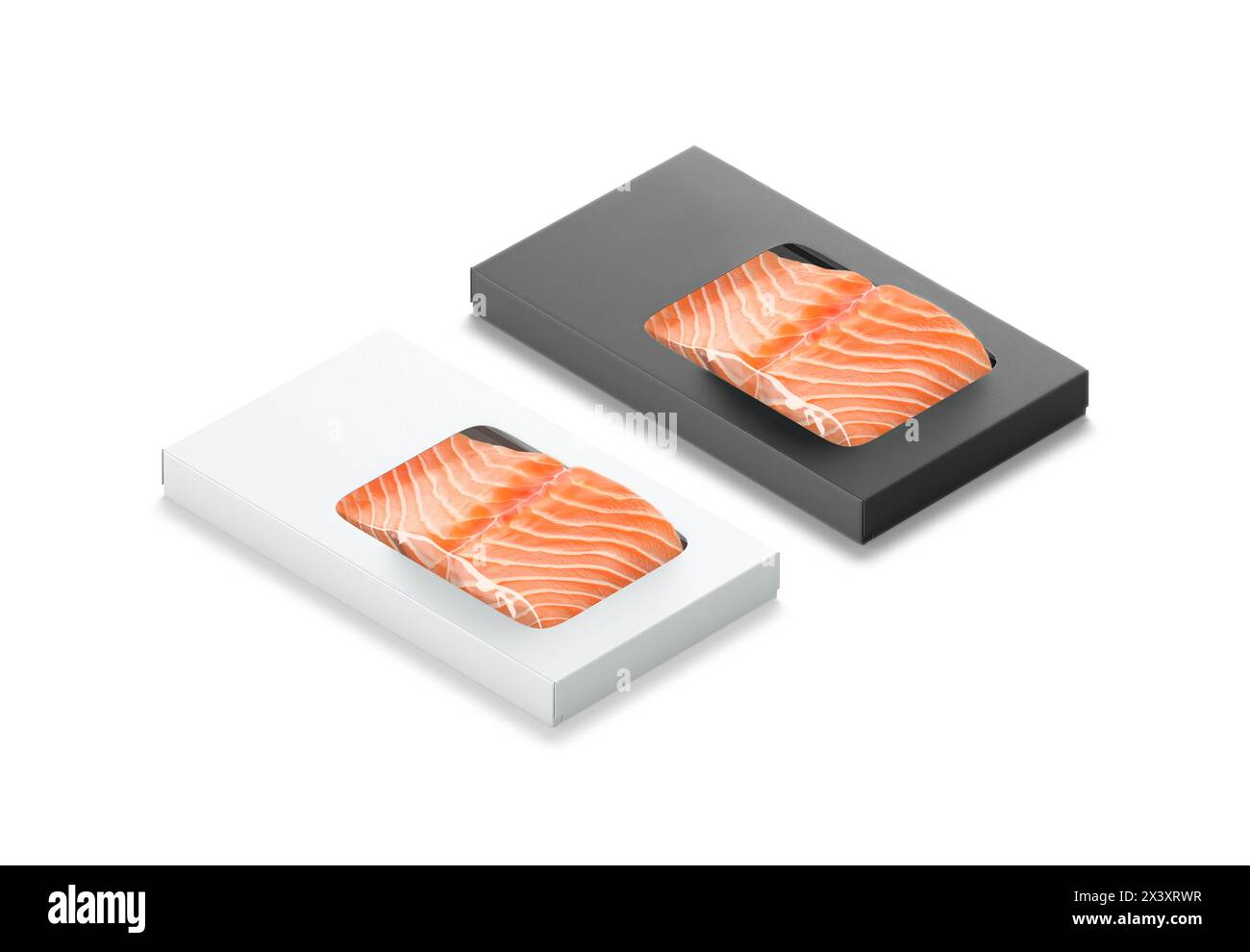 Blank black and white box pack with salmon mockup, isolated, 3d ...