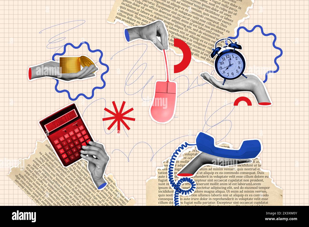 Photo collage picture human 3d arms hands multitasking calculator ...