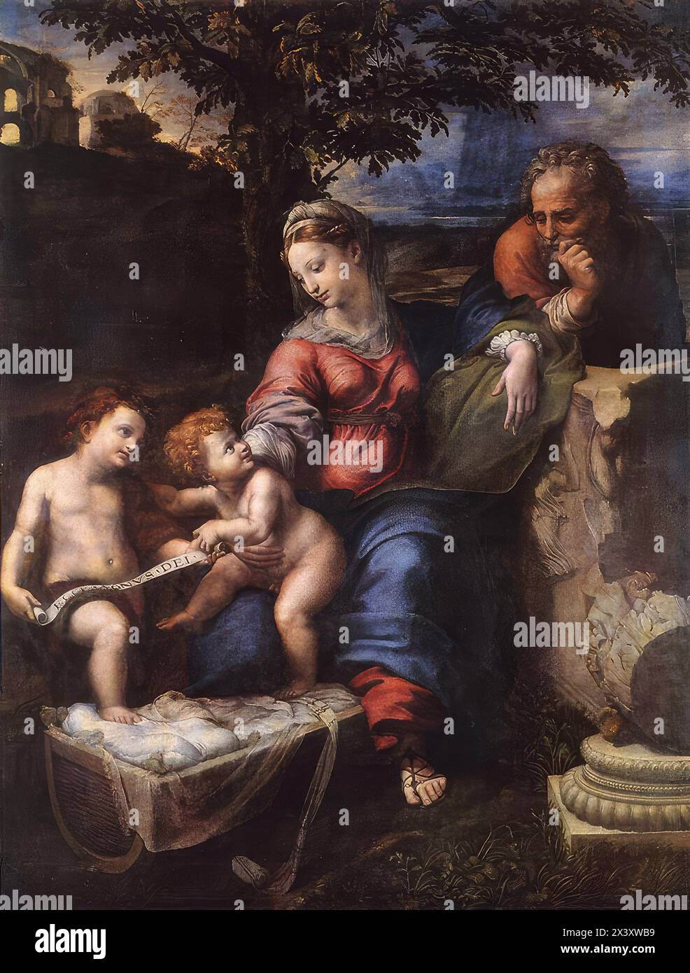 RAFFAELLO Sanzio (b. 1483, Urbino, d. 1520, Roma) Holy Family below the Oak 1518 Oil on wood ...