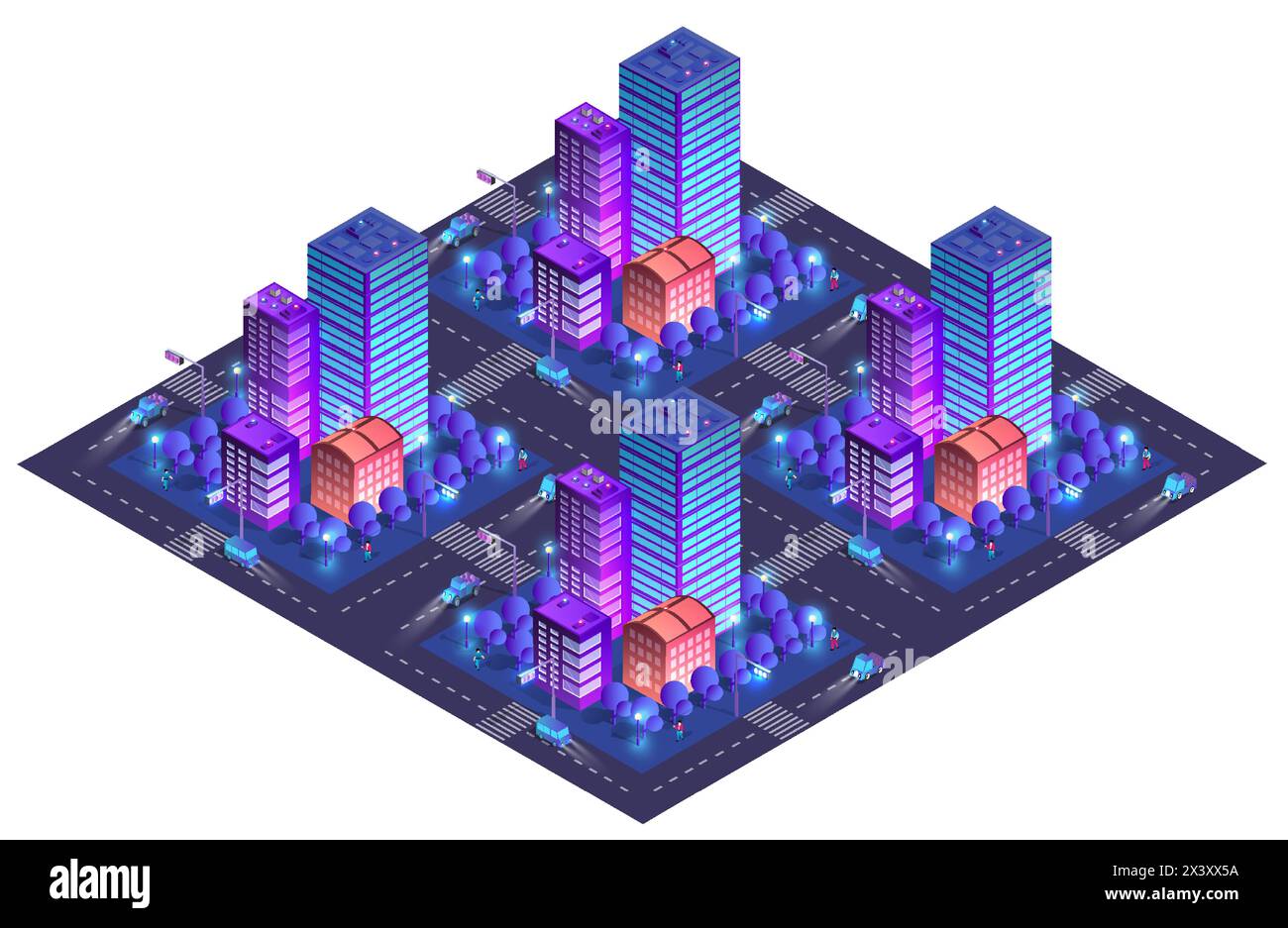 City urban area map Isometric night lights ultraviolet 3D illustration ...