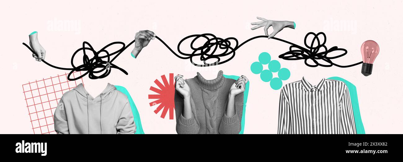 Creative panoramic collage human faceless headless bodies lamp idea ...