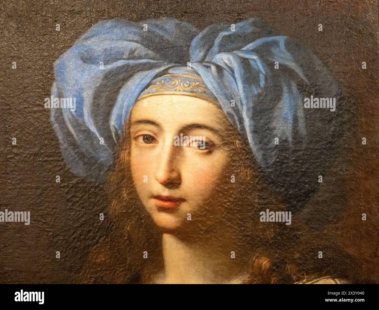 Close-up on medieval portrait of girl wearing an exotic blue hat Stock ...