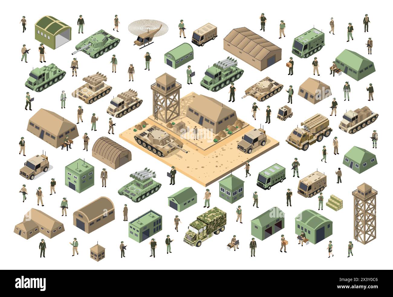 Set of army armed troop isometric armed military transport objects and ...