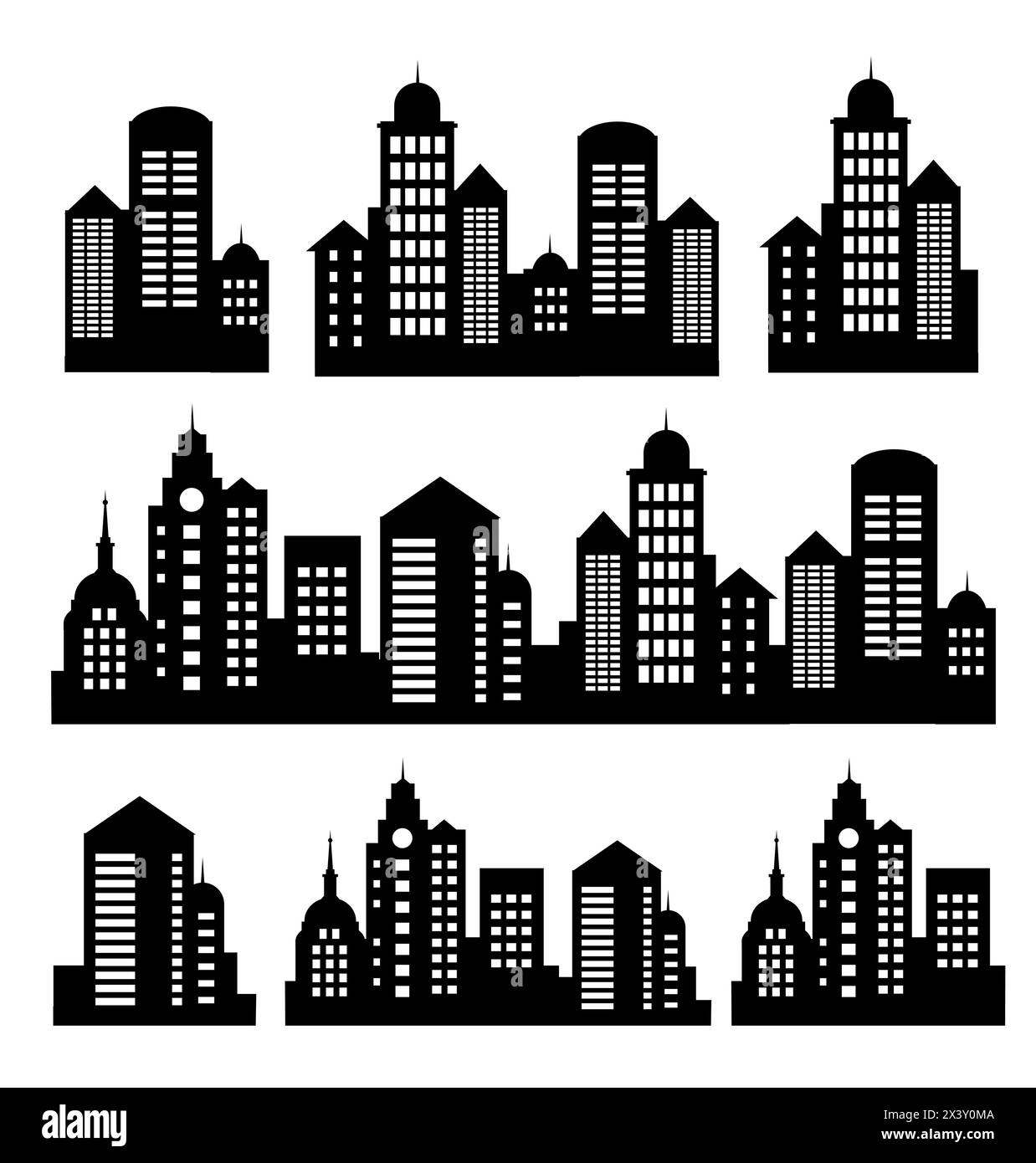Landscape set of buildings silhouetted on white background. A black ...