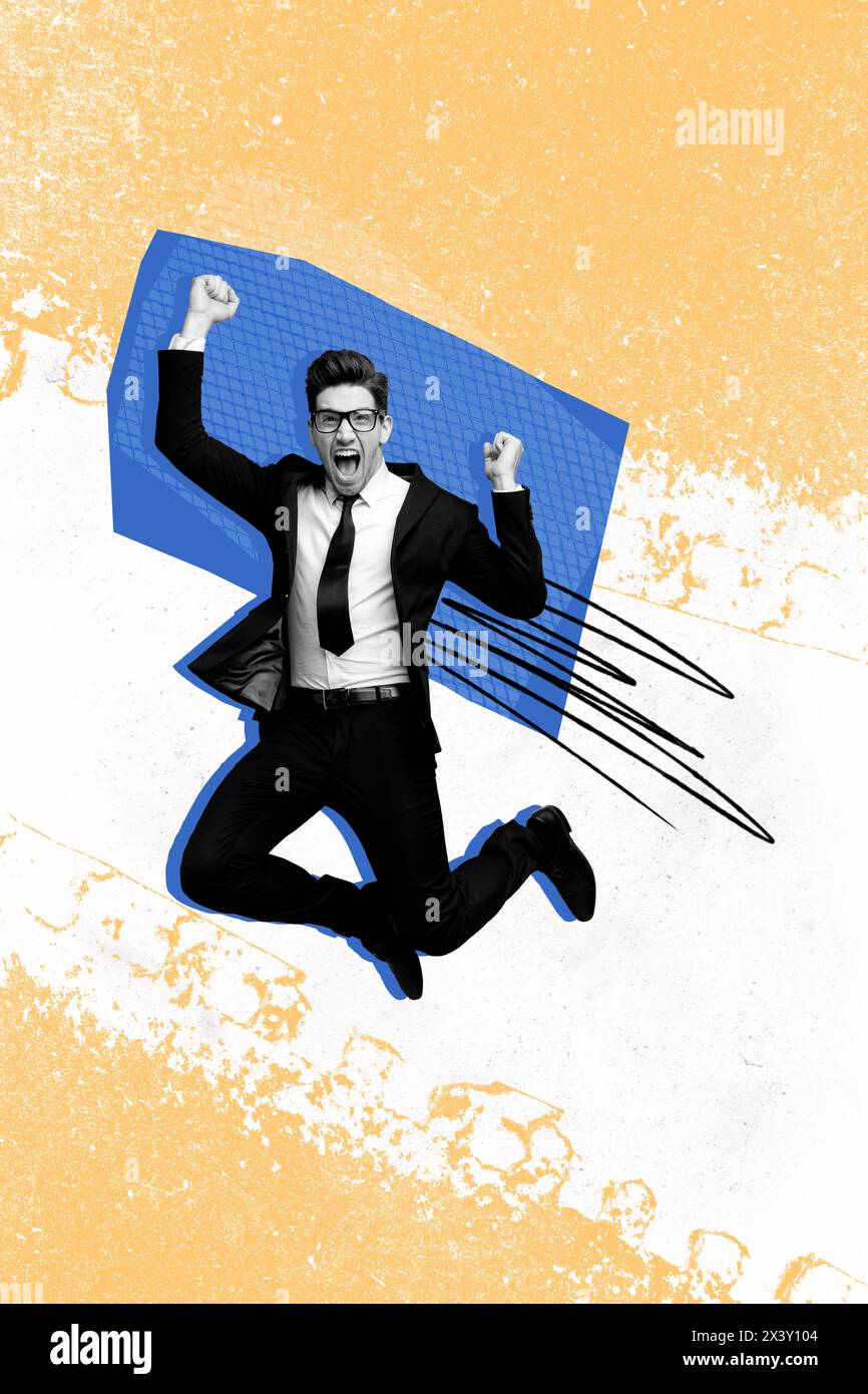 Vertical photo collage of happy excited young businessman jump ...