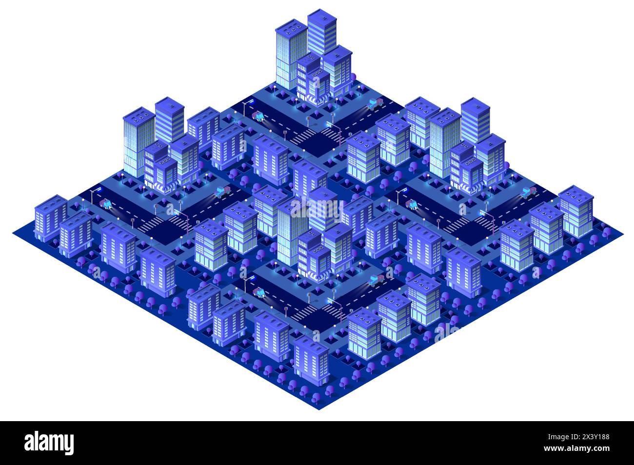 City urban area map Isometric night lights ultraviolet 3D illustration ...