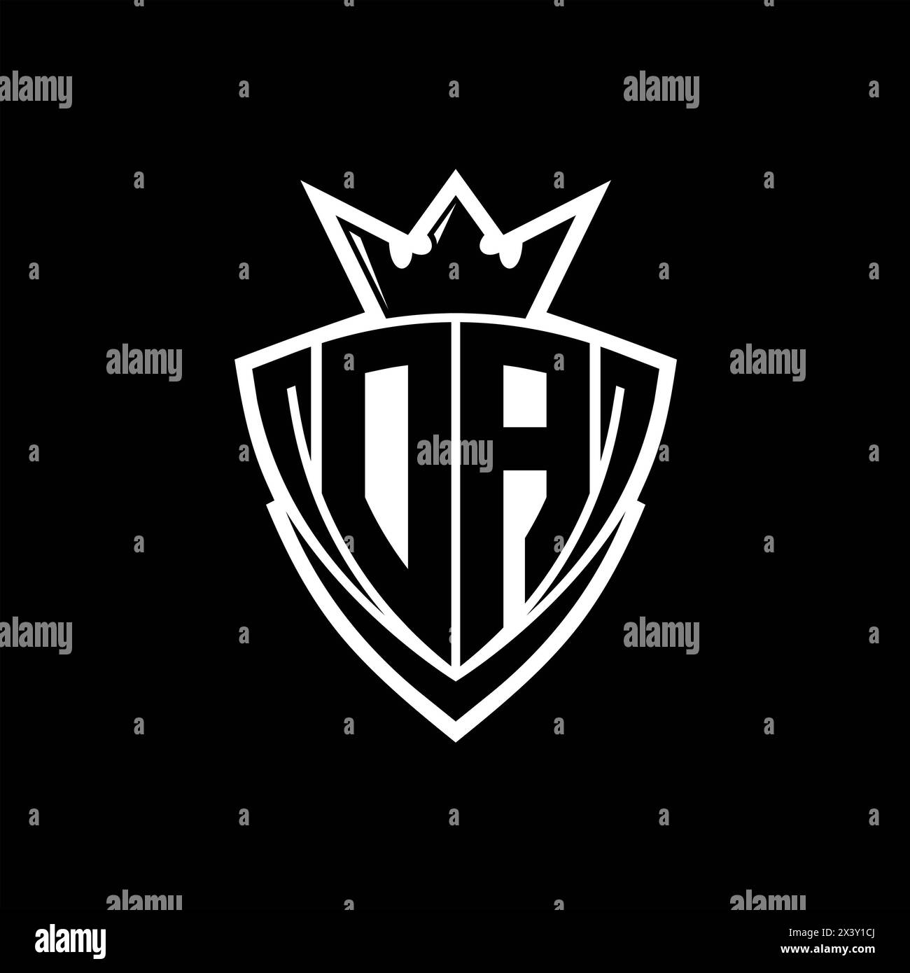 DA Bold letter logo with sharp triangle shield shape with crown inside ...