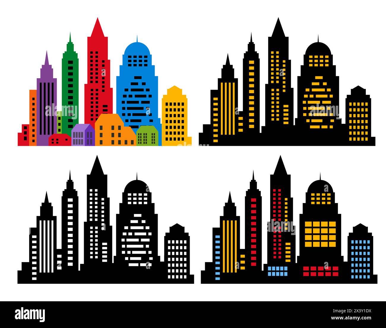 Landscape set of buildings silhouetted on white background. Outline of ...