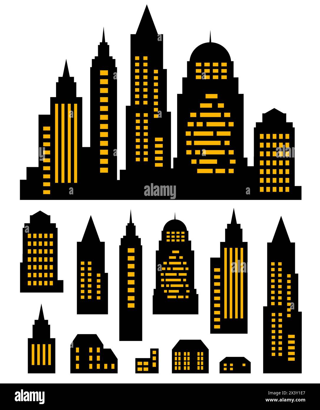 Landscape set of buildings silhouetted on white background. Outline of ...