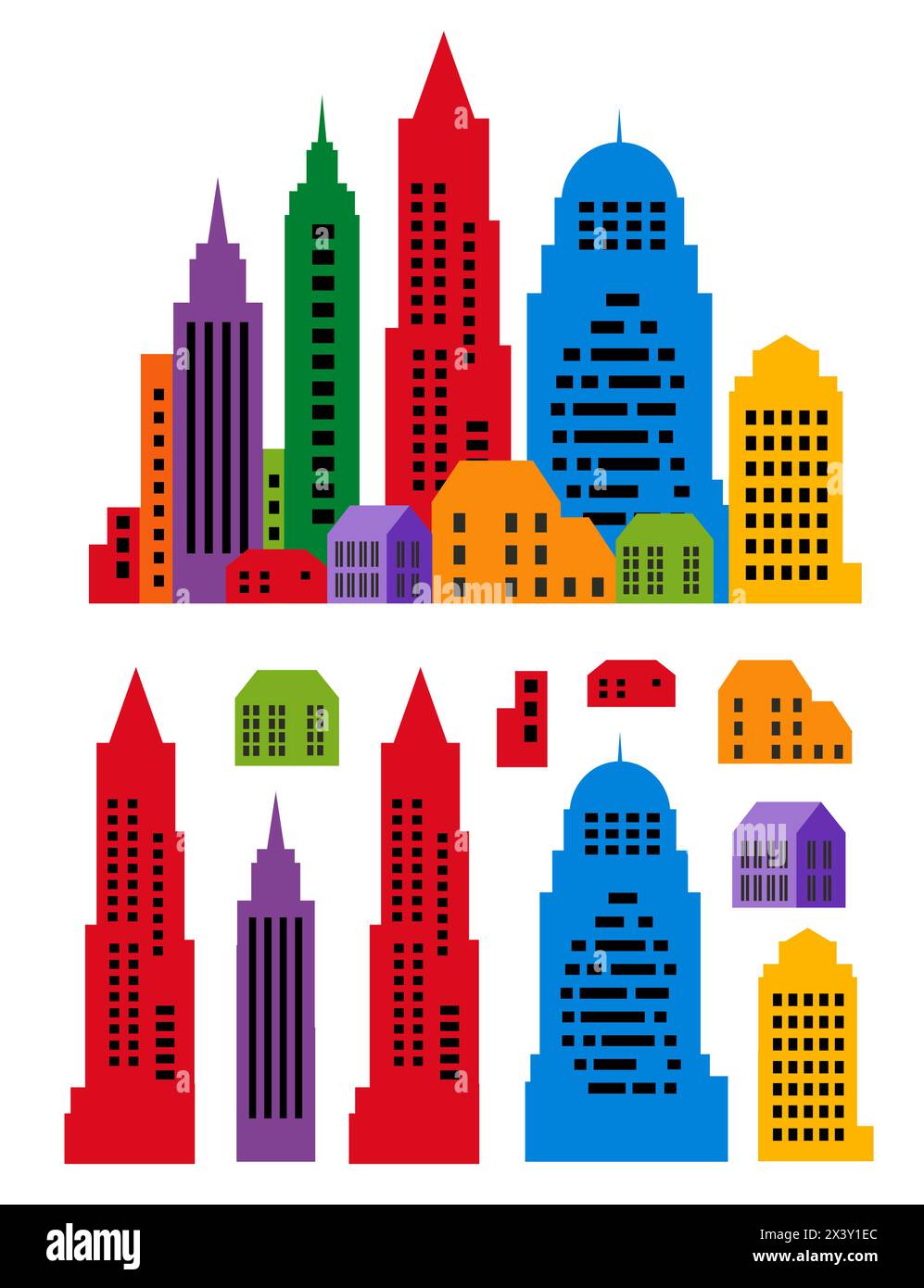 Landscape set of buildings silhouetted on white background. Outline of ...