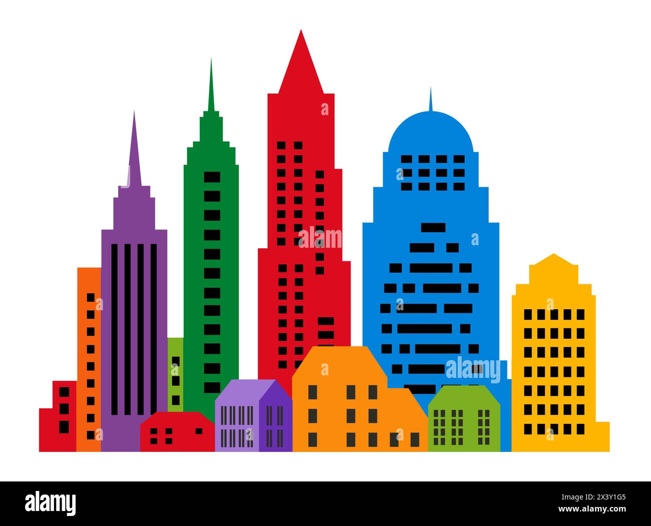 Landscape set of buildings silhouetted on white background. Outline of ...