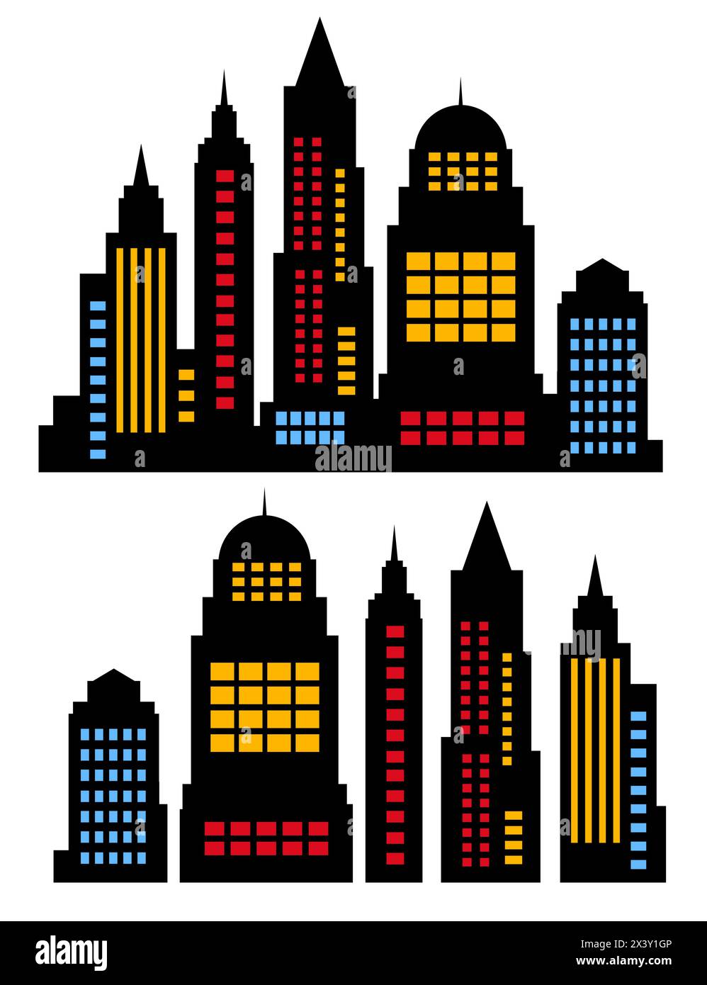 Landscape set of buildings silhouetted on white background. Outline of ...