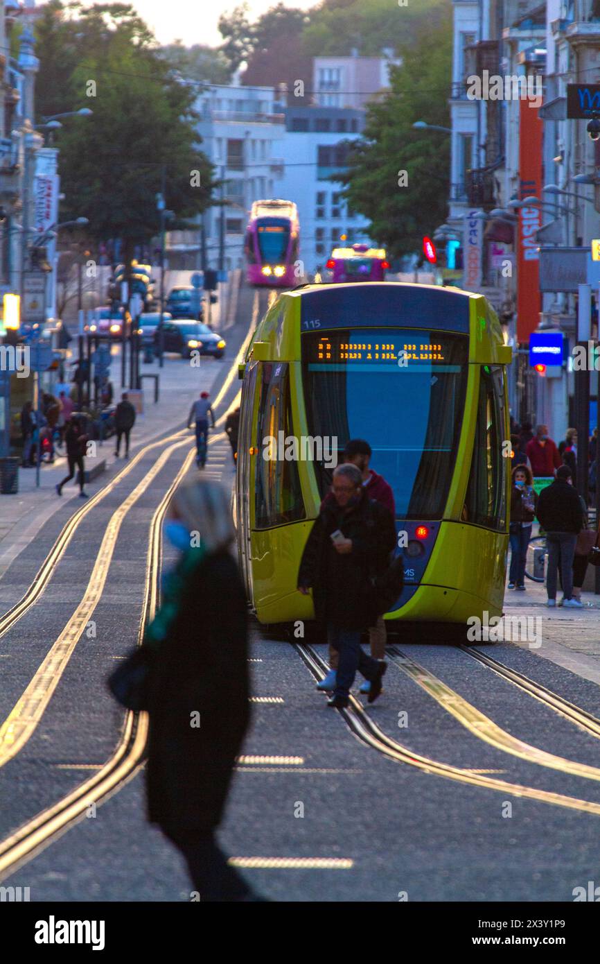 Europe, France, Grand-Est, Reims. Tram in the city center Stock Photo ...