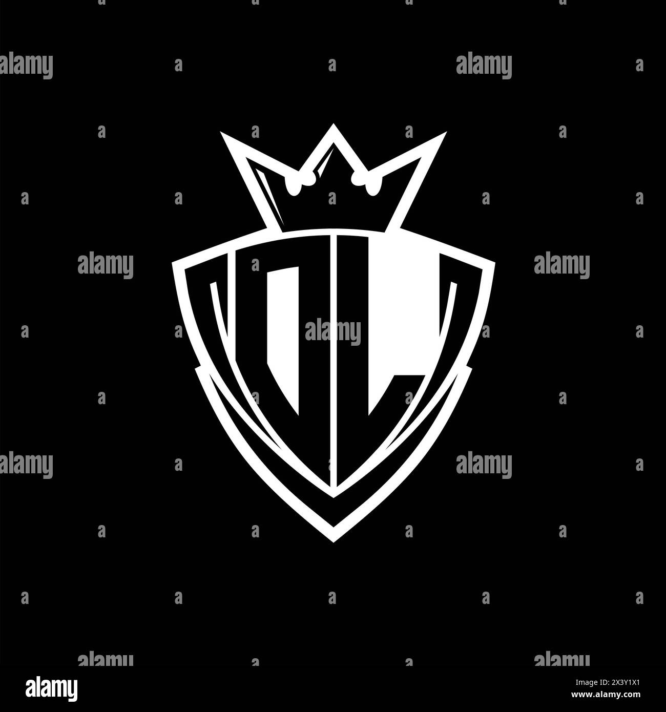 DL Bold letter logo with sharp triangle shield shape with crown inside white outline on black ...