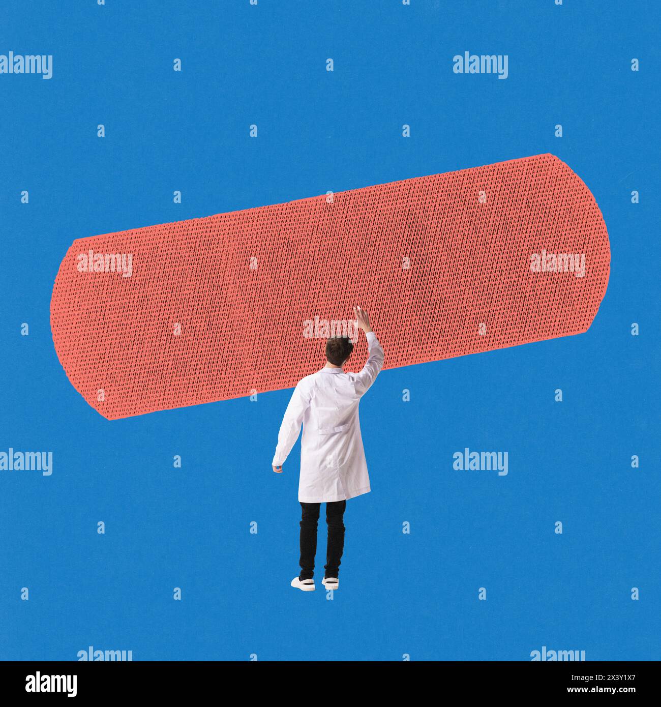 Contemporary art collage. Medic, doctor stuck huge red plaster on blue background. Copy space ...