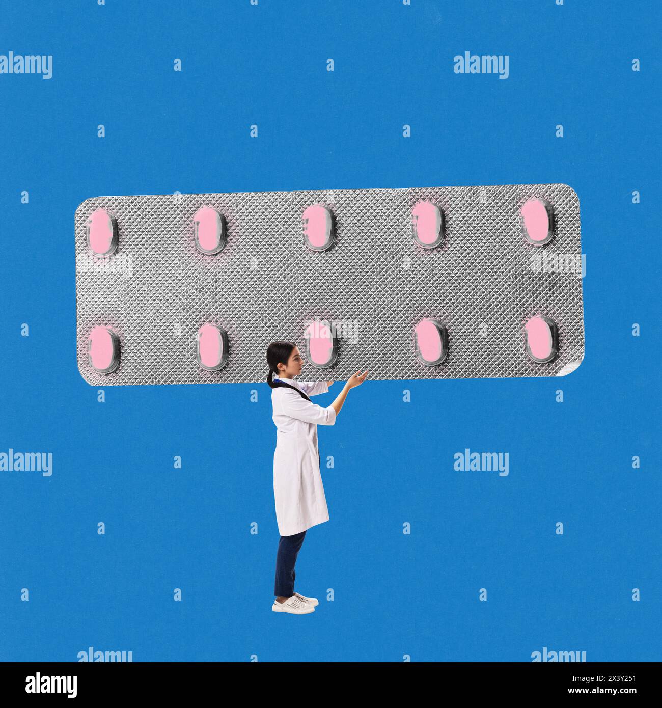 Contemporary art collage. Medic, doctor carrying huge plate of pills ...