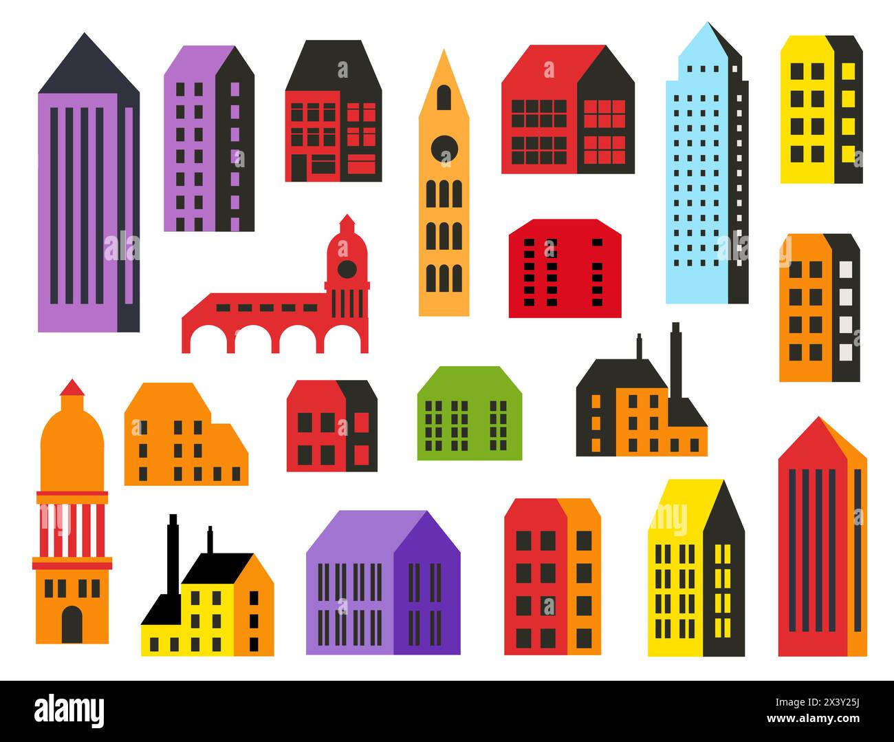 Landscape set of buildings silhouetted on white background. Outline of ...