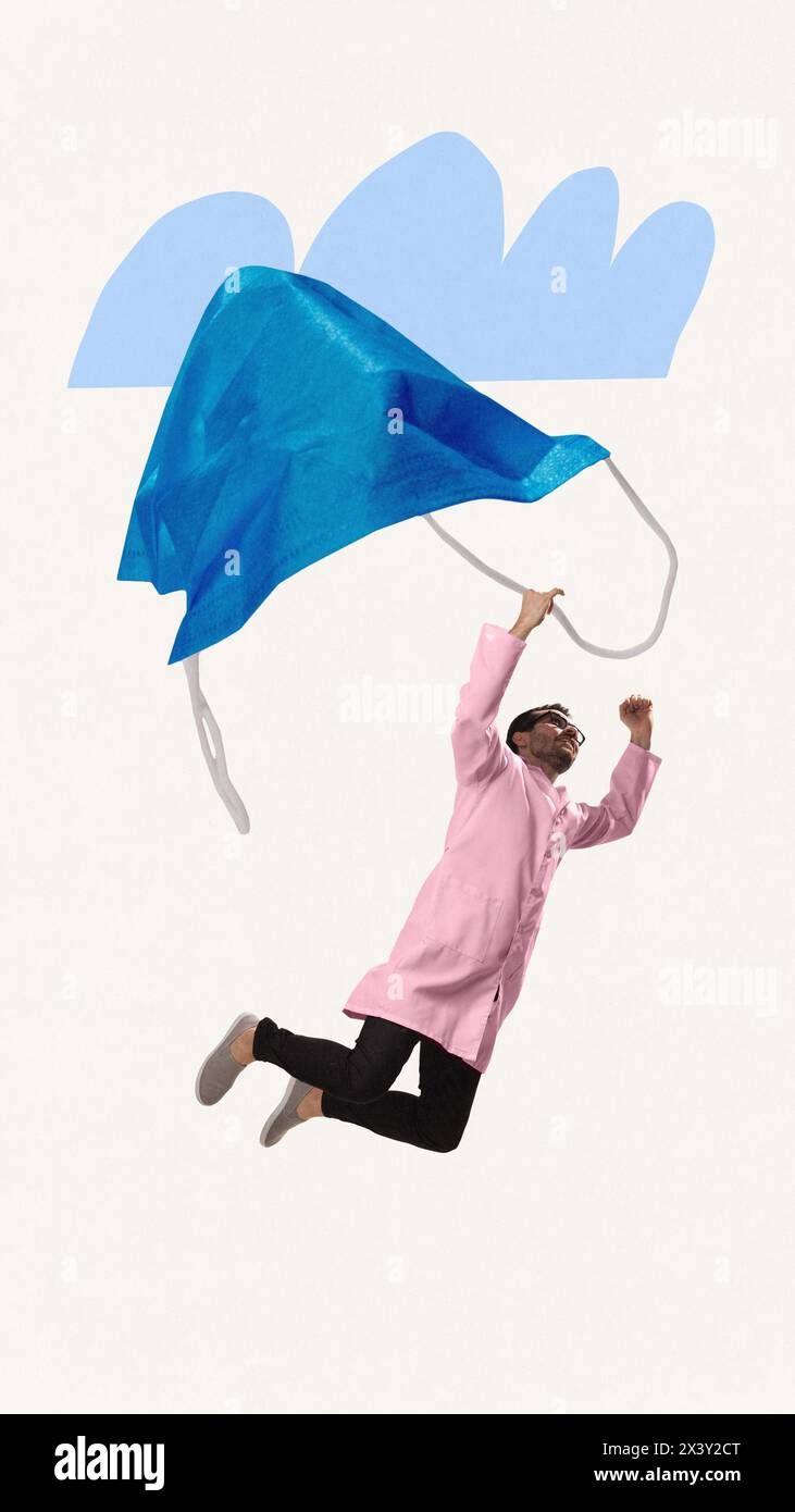 Poster. Contemporary art collage. Man flying on protective face mask ...