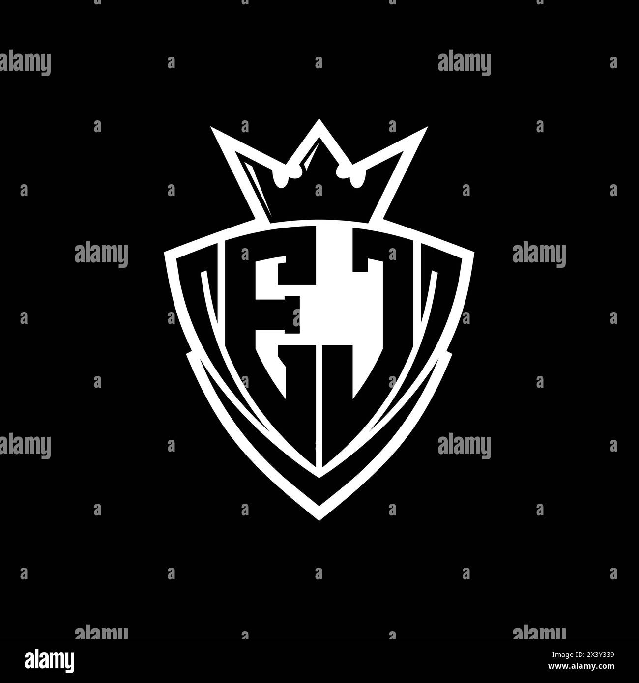 EJ Bold letter logo with sharp triangle shield shape with crown inside ...