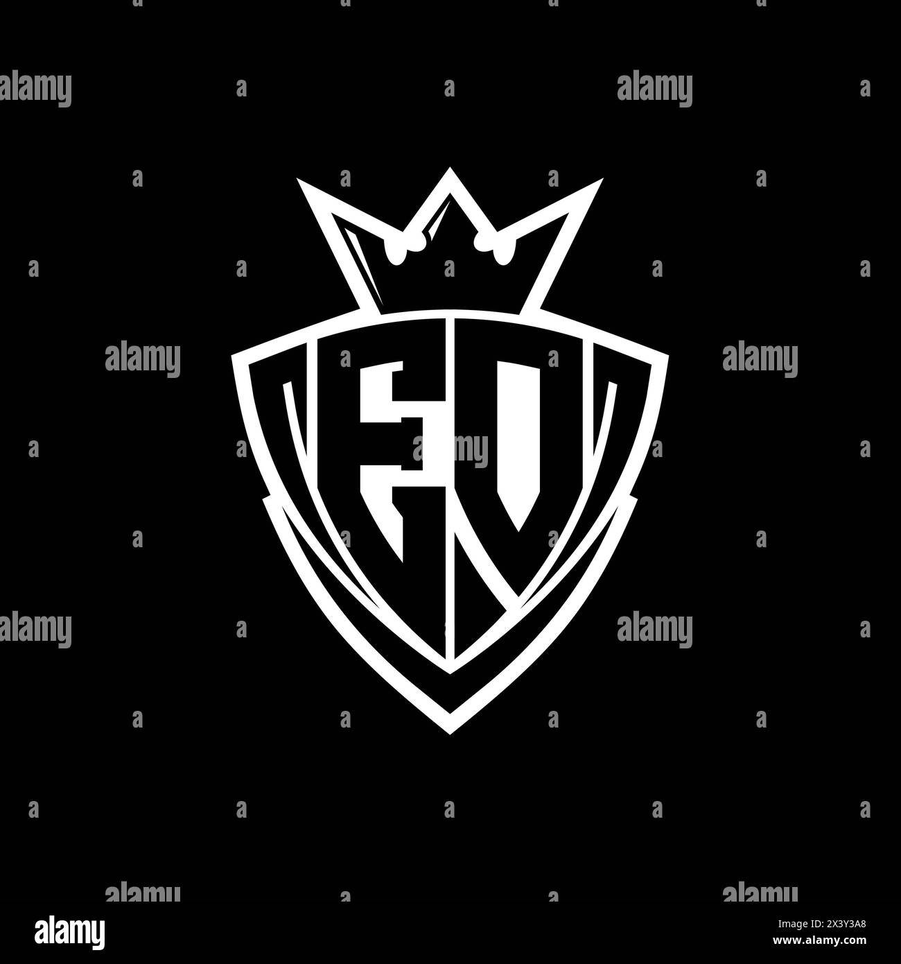 EO Bold letter logo with sharp triangle shield shape with crown inside ...