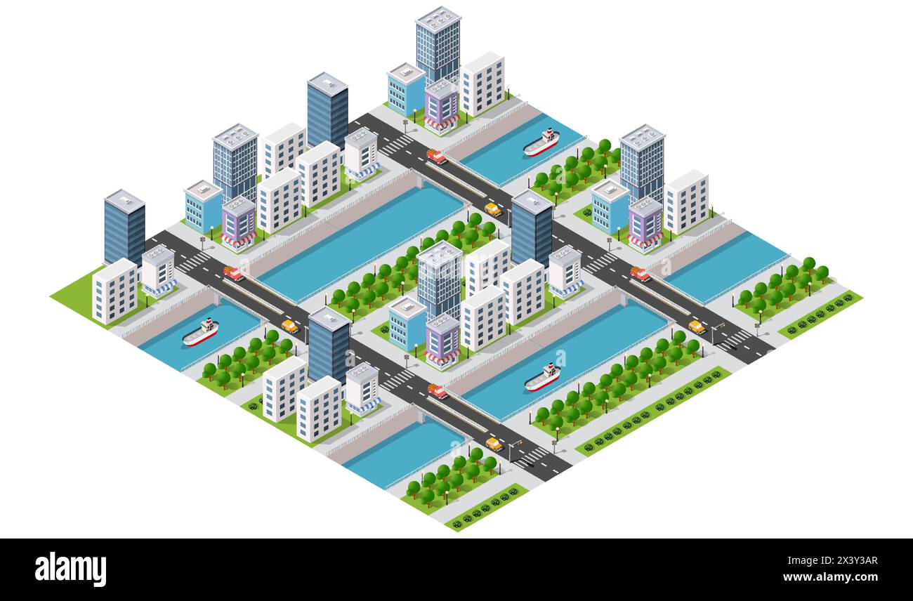 Isometric illustration of a city waterfront with a river, yachts and ...