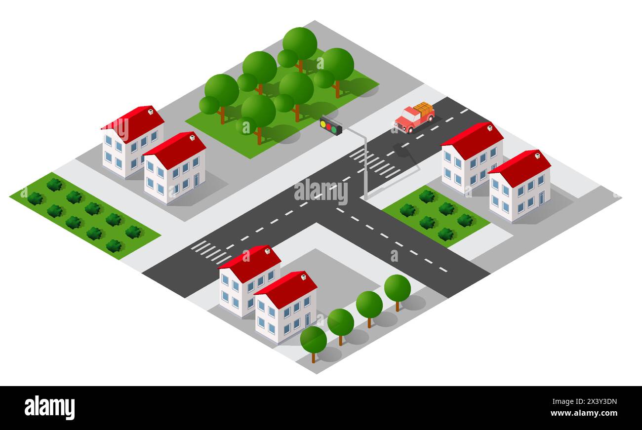 A small town surrounded by trees and a road, flat, isometric map, urban ...