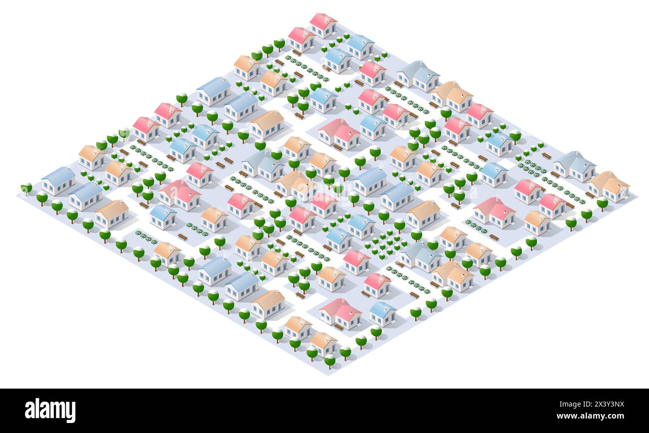 3D city Winter landscape snowy trees, streets. Three-dimensional views ...