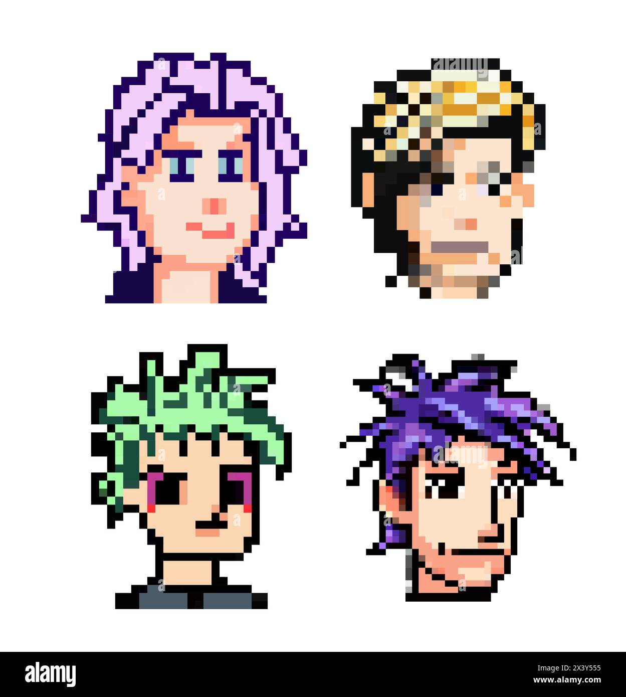 Vector set pixel punk heads of people with different colored hair ...