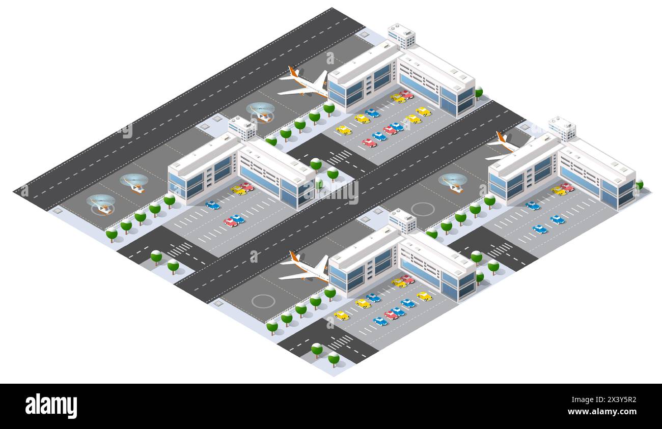 Isometric map of the city airport, the trees and the flight of ...