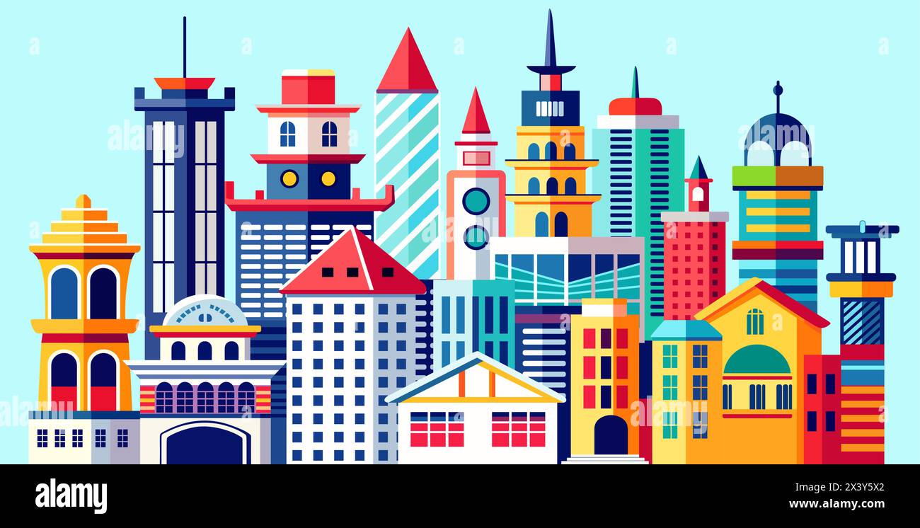 Landscape set of buildings silhouette on a color background. A color ...