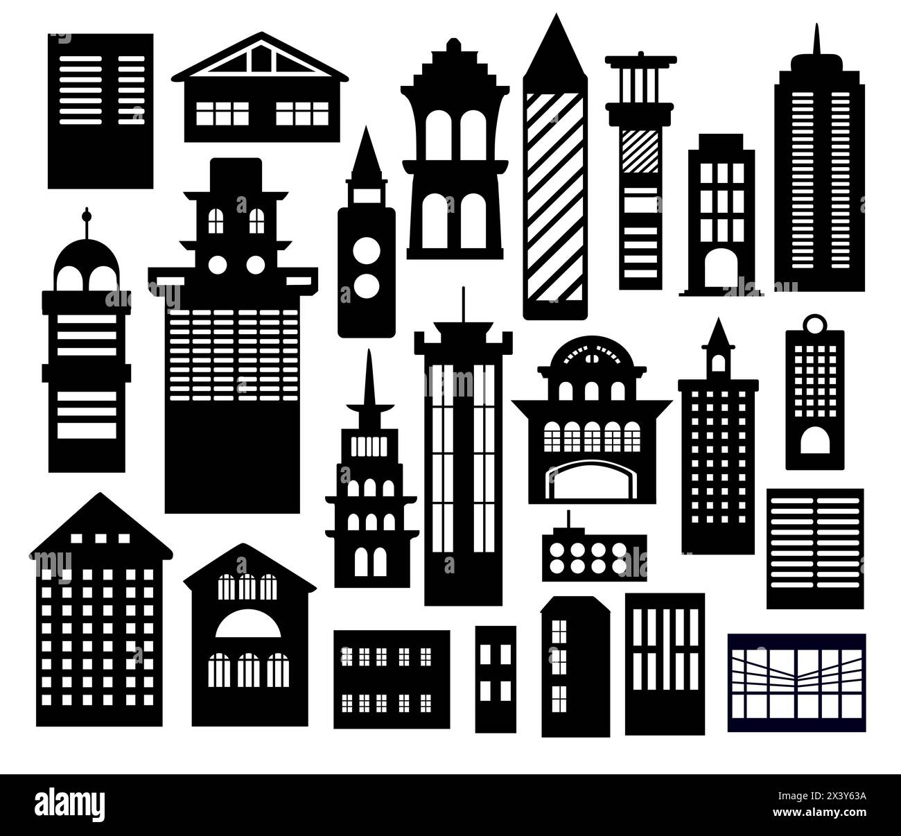 Landscape set of buildings silhouette on a white background. A color ...