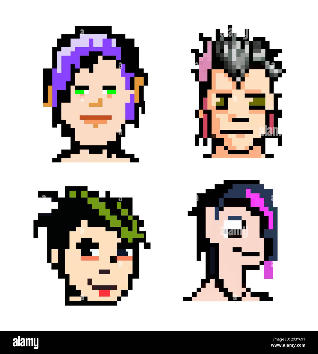 Vector set pixel punk heads of people with different colored hair ...