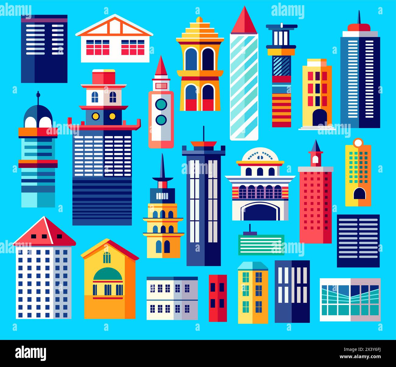 Landscape set of buildings silhouette on a color background. A color ...