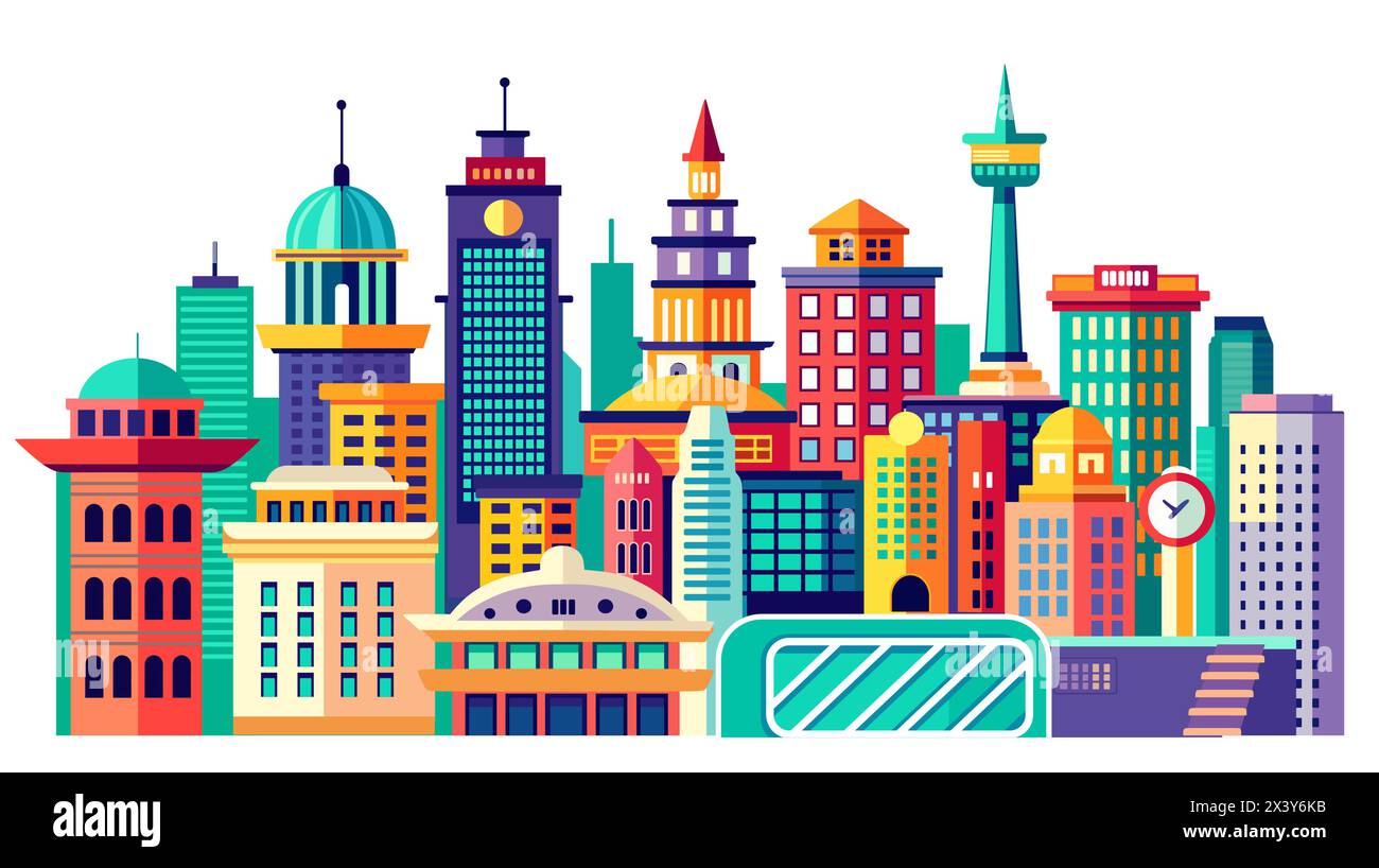 Landscape set of buildings silhouette on a white background. A color ...