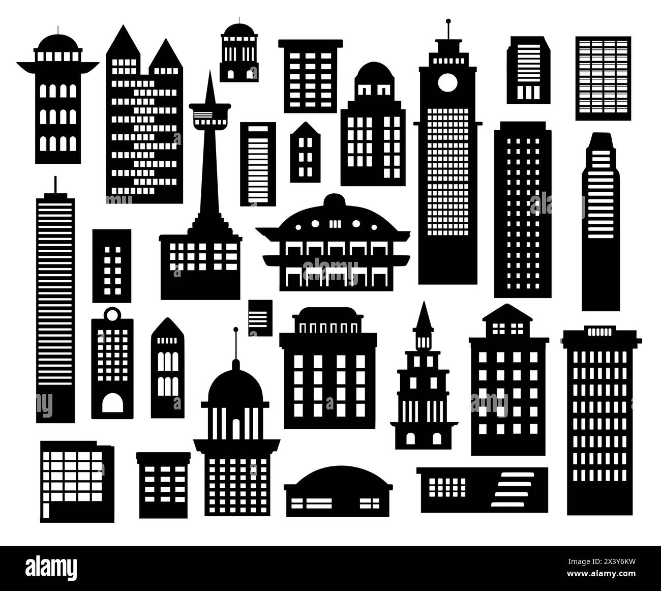 Landscape set of buildings silhouette on a white background. A color ...