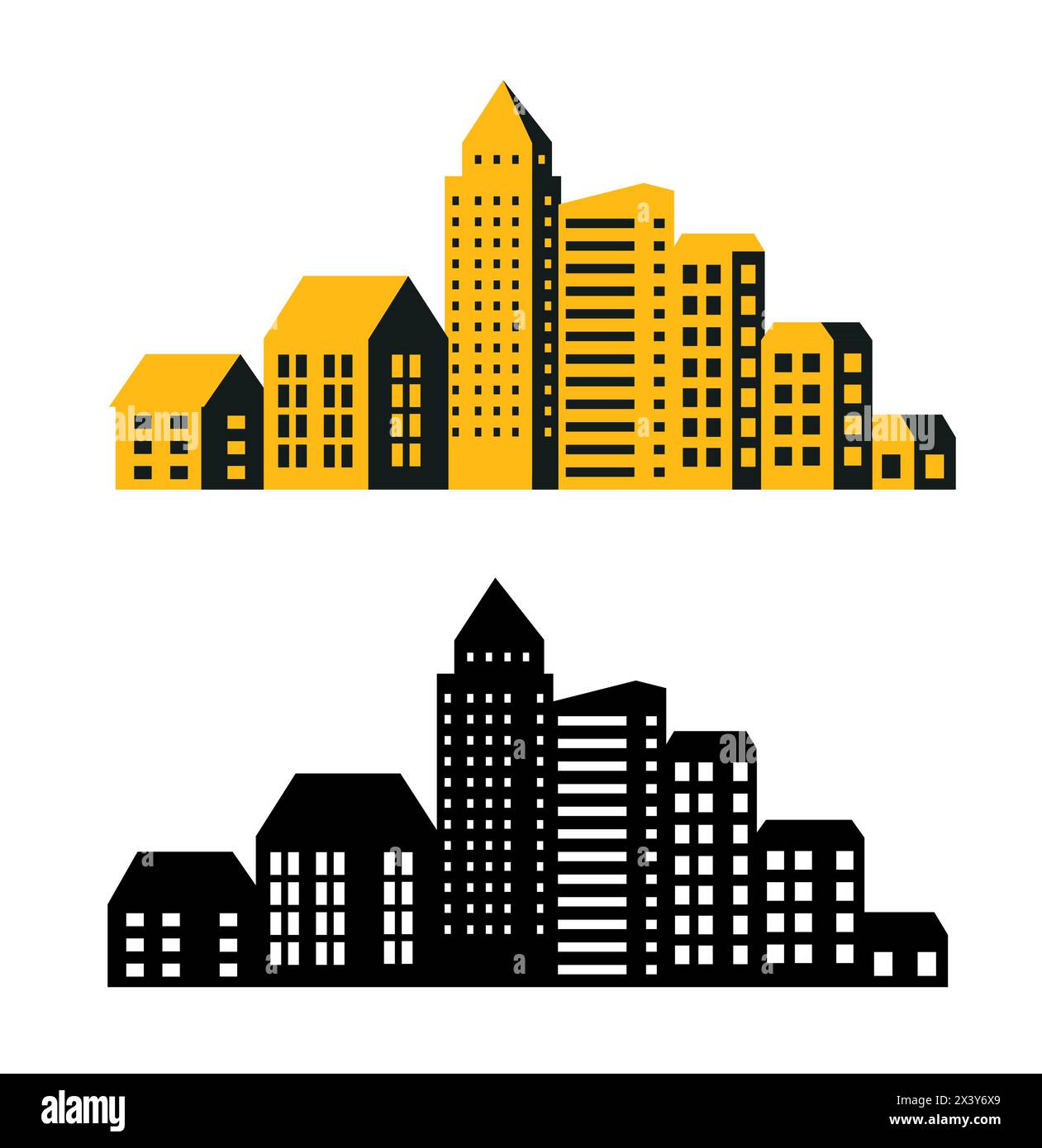 Landscape set of buildings silhouetted on blue background. A black ...