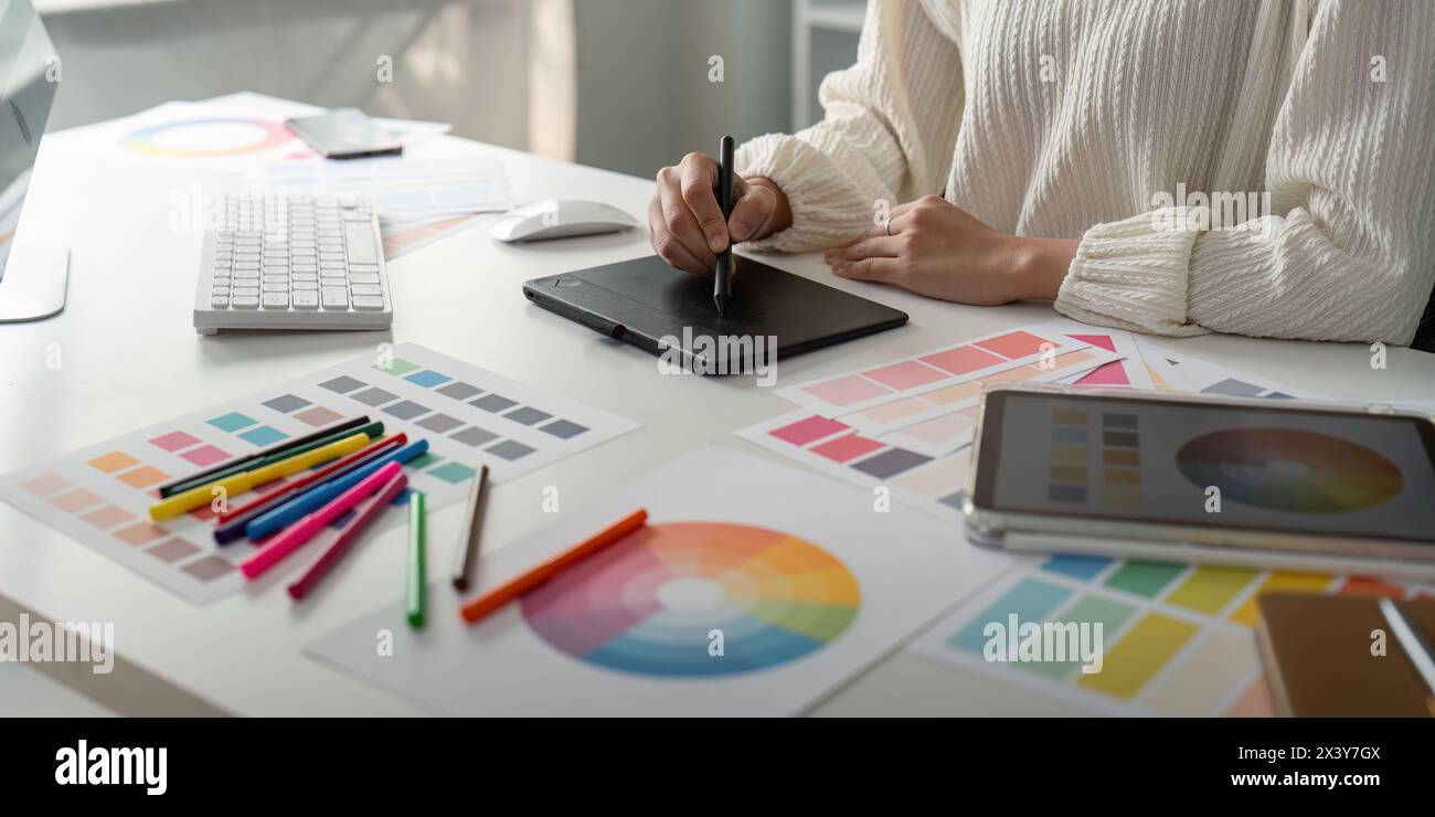 Woman graphic designer working in home office. Artist creative designer ...