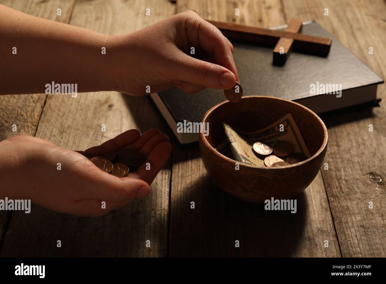 Donate and give concept. Woman putting coin into bowl with money at ...