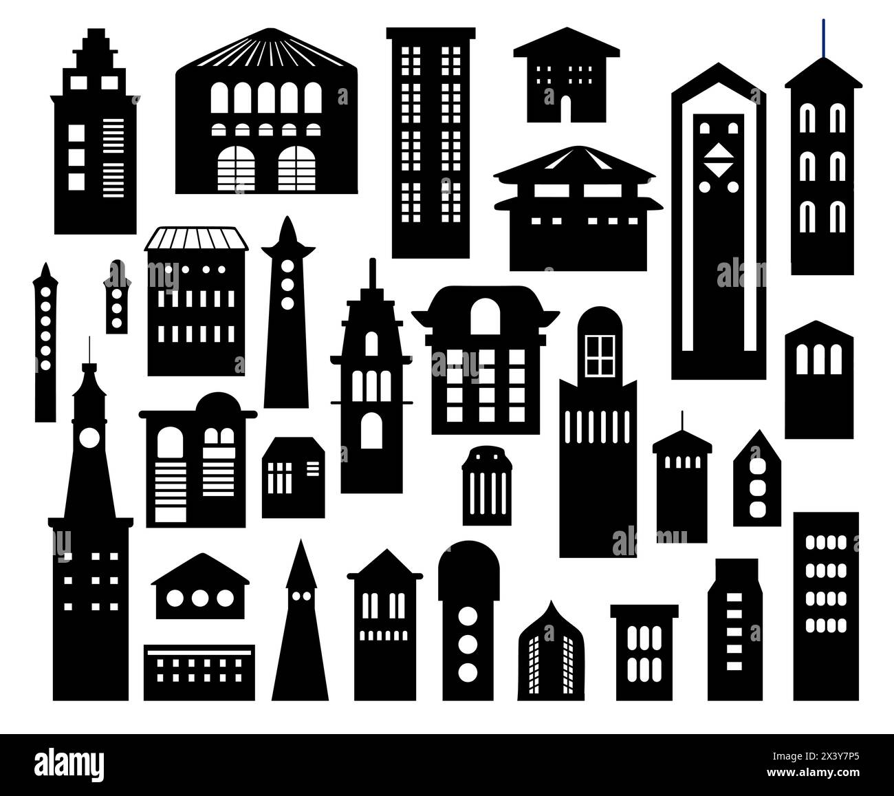 Landscape set of buildings silhouette on a white background. A color ...