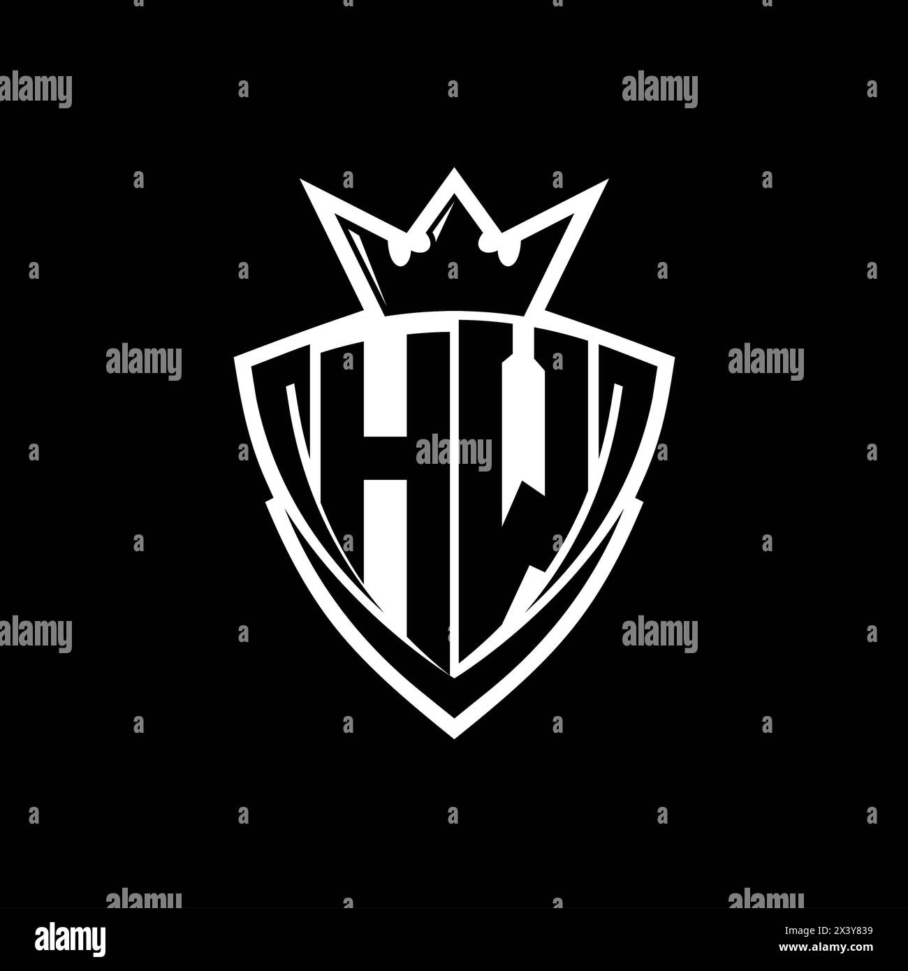 HW Bold letter logo with sharp triangle shield shape with crown inside white outline on black ...