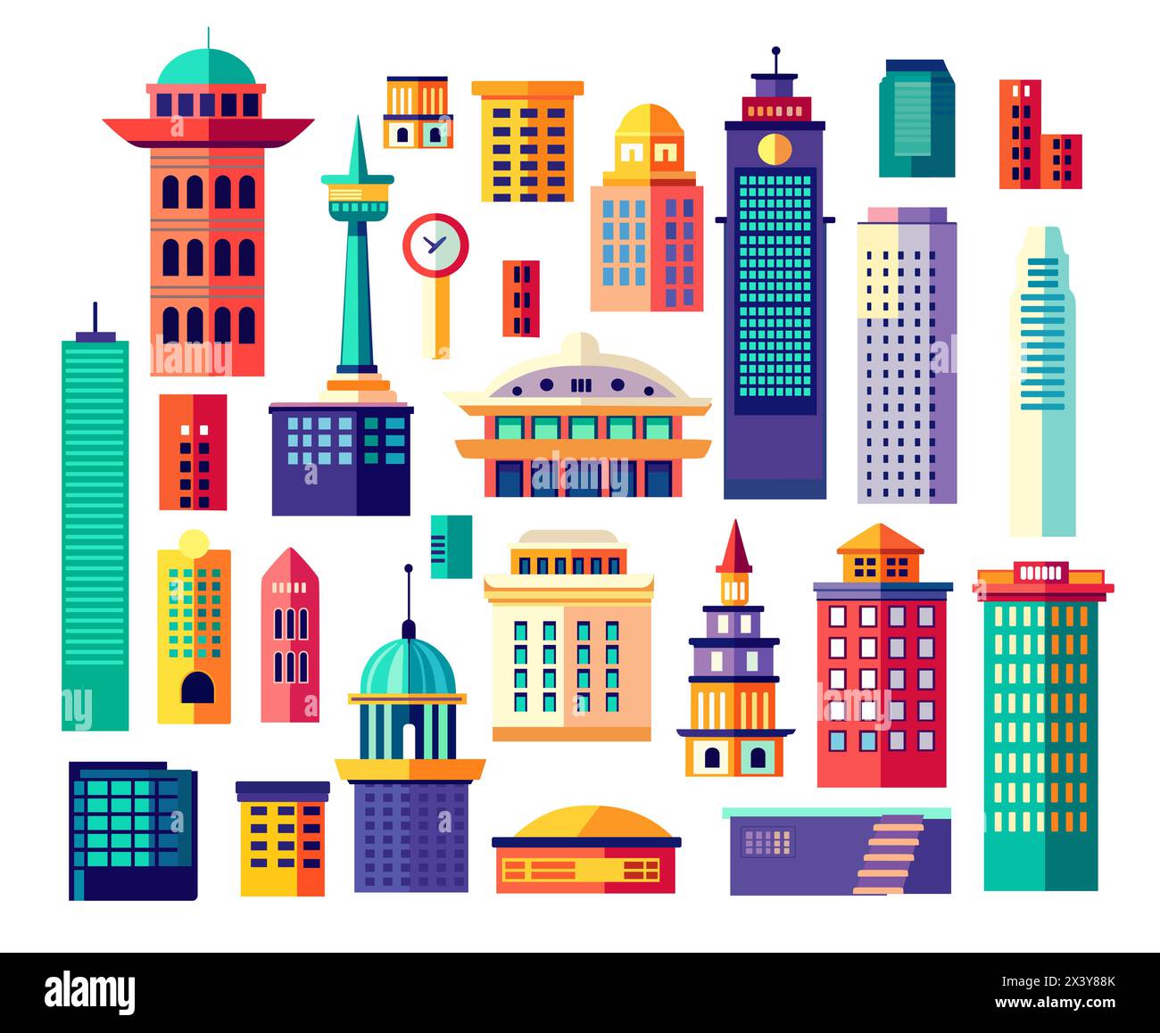 Landscape set of buildings silhouette on a white background. A color ...